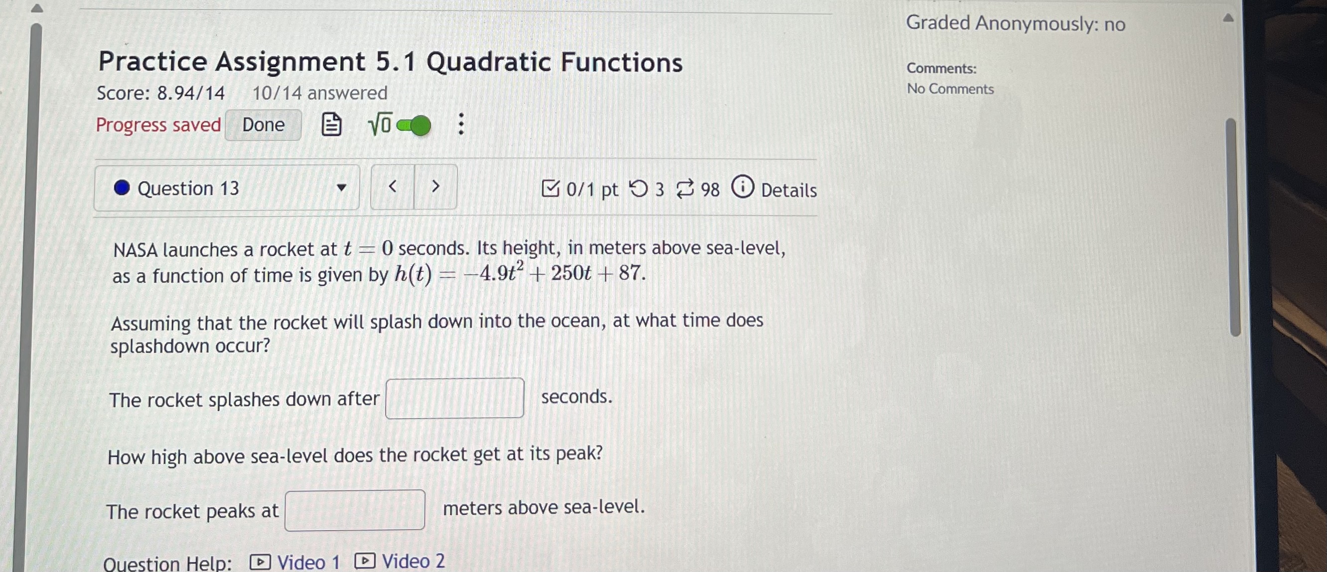 Solved Practice Assignment 5.1 Quadratic Functions Score: | Chegg.com