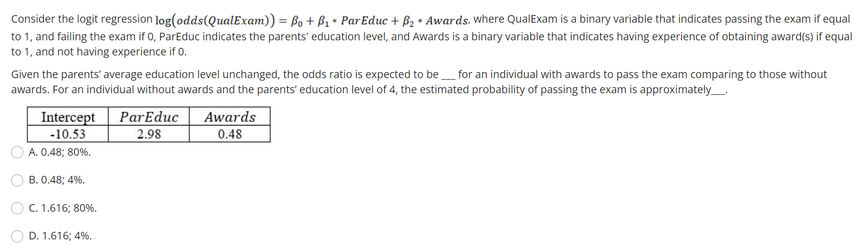 Solved = * Consider the logit regression log(odds(QualExam)) | Chegg.com