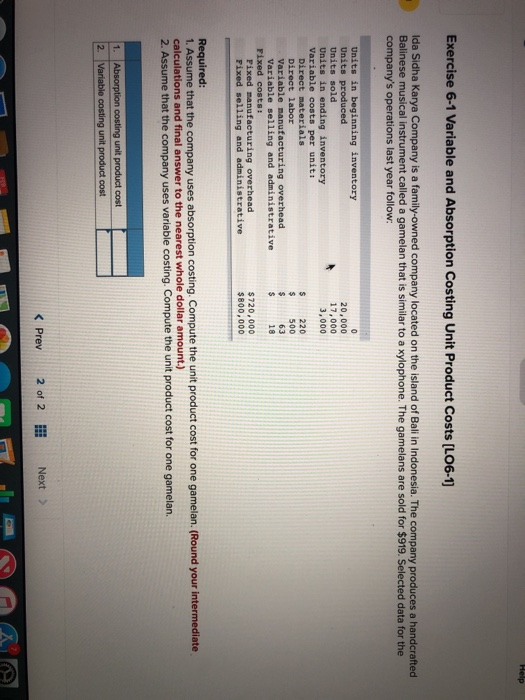 Solved Exercise 6-1 Variable and Absorption Costing Unit | Chegg.com