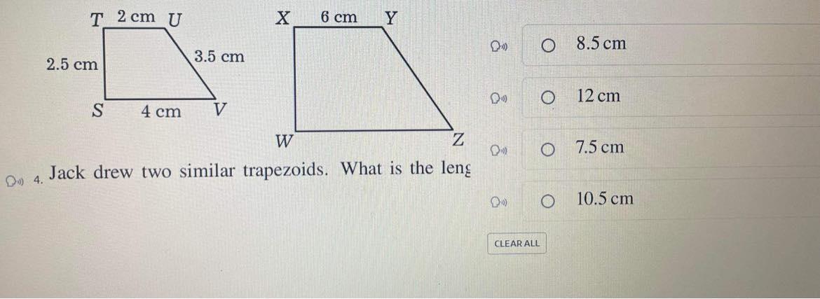 Solved 4. Jack drew two similar trapezoids. What is the leng | Chegg.com