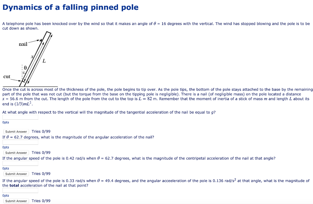 Solved Dynamics of a falling pinned pole A telephone pole | Chegg.com
