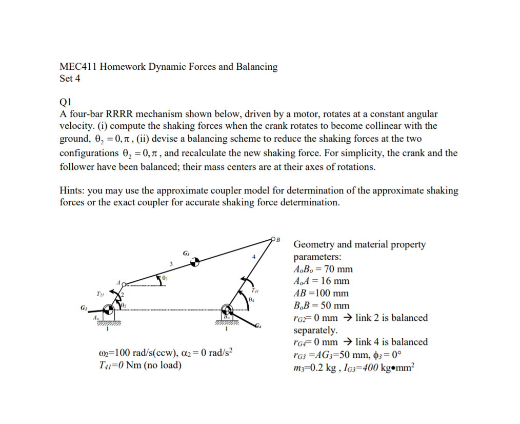 MEC411 Homework Dynamic Forces and Balancing Set 4 Q1 | Chegg.com