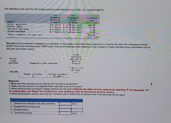 Solved The standard cost card for the single product | Chegg.com