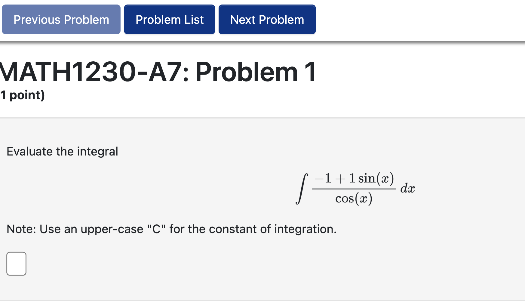 Solved ИATH1230-A7: Problem 1 1 point) Evaluate the integral | Chegg.com
