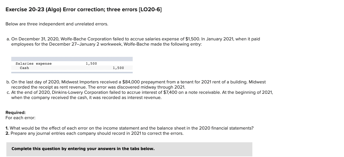 Solved Exercise 20-23 (Algo) Error correction; three errors | Chegg.com