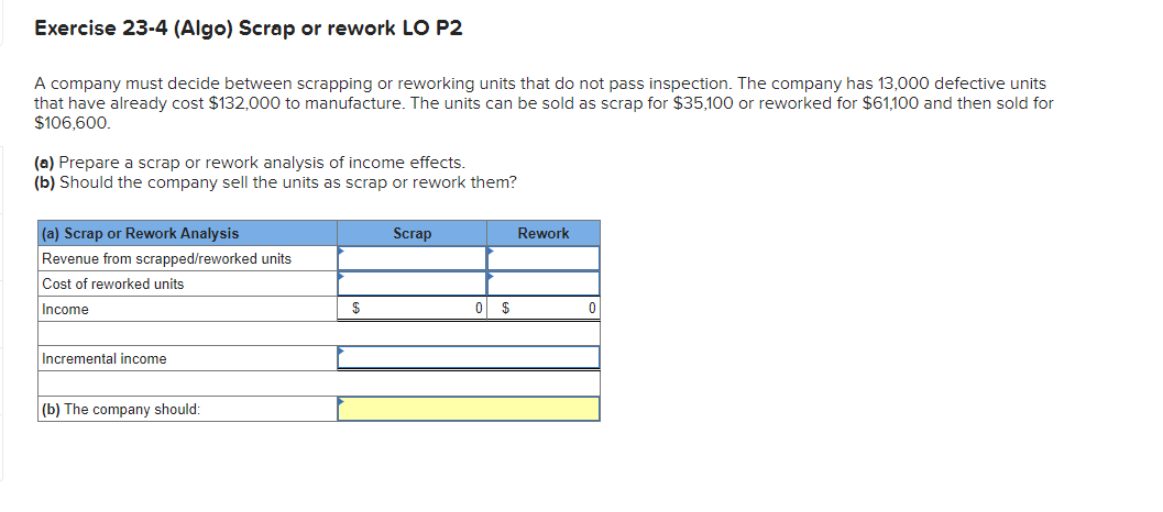 Solved Exercise 23-4 (Algo) Scrap or rework LO P2 A company | Chegg.com