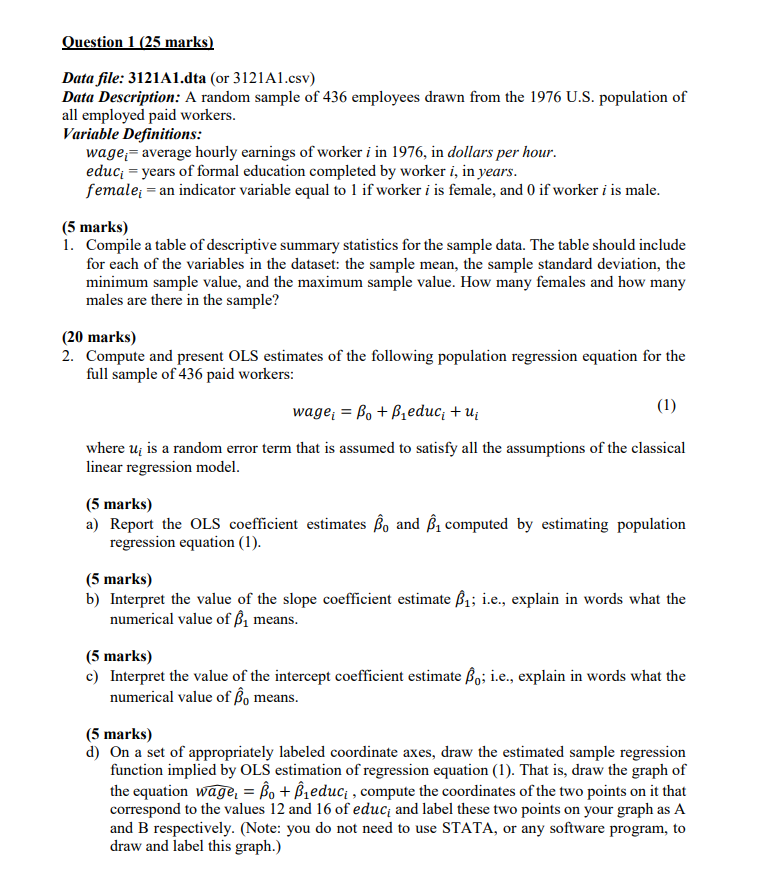 Question 1 25 Marks Data File 3121a1dta Or 