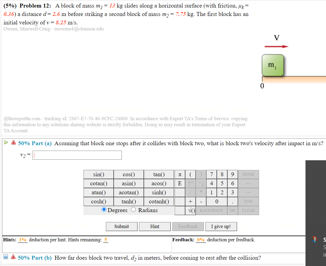 Solved (5%) Problem 12: A block of mass m1 = 13 kg slides | Chegg.com