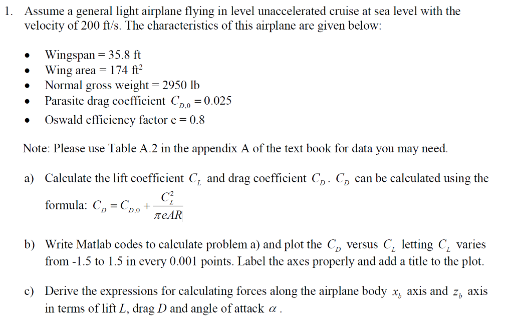 1. Assume a general light airplane flying in level | Chegg.com