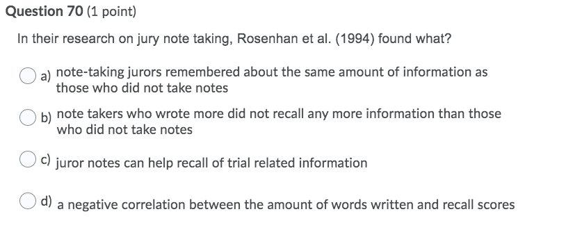 Solved Question 70 (1 point) In their research on jury note | Chegg.com