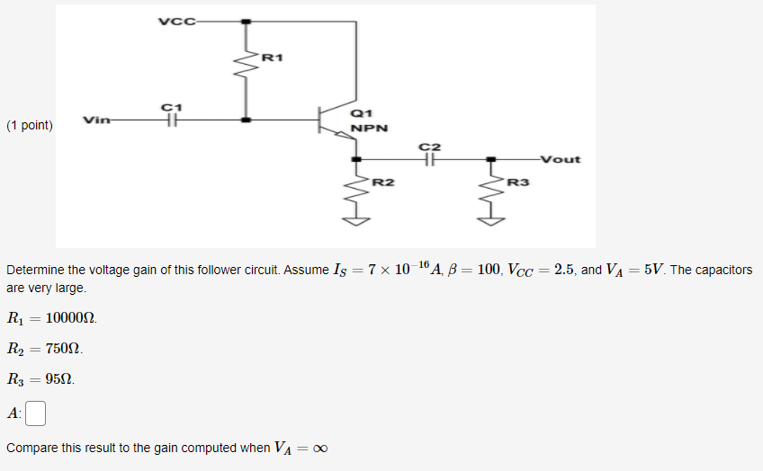Solved vec R1 C1 Vin (1 point) HH Q1 NPN 유 Vout R3 R2 | Chegg.com