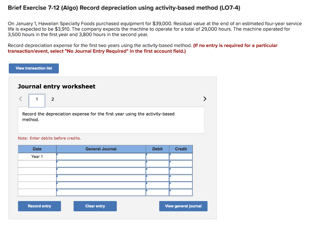 Solved Brief Exercise 7-12 (Algo) Record depreciation using | Chegg.com