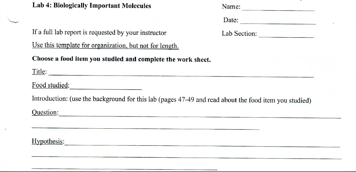 Lab 4: Biologically Important Molecules Name: Date: | Chegg.com