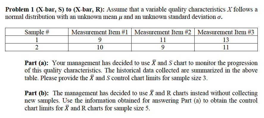 Solved Problem 1 (X-bar, S) to (X-bar, R): Assume that a | Chegg.com