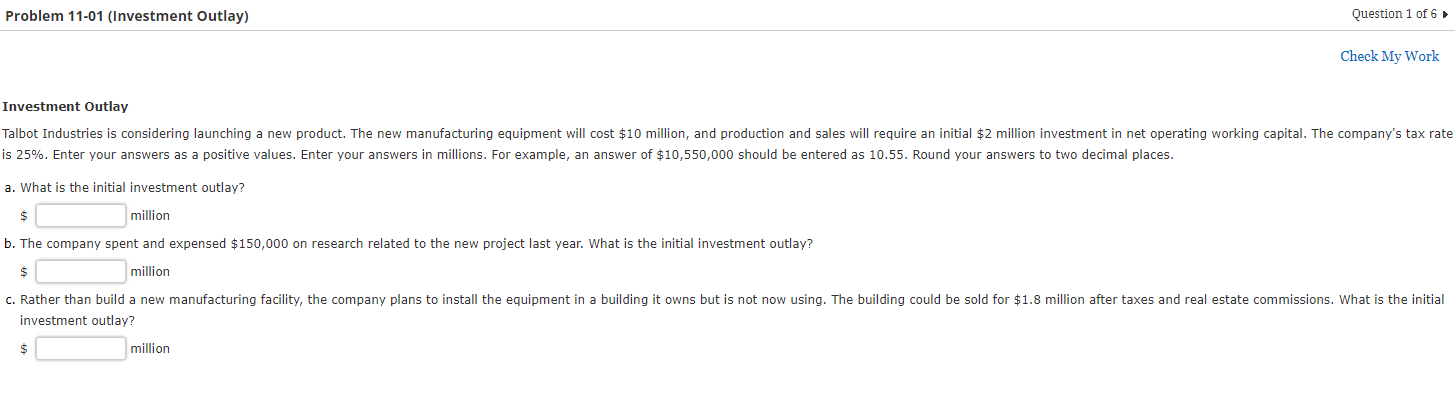 Solved Problem 11-01 (Investment Outlay) Question 1 of 6 | Chegg.com