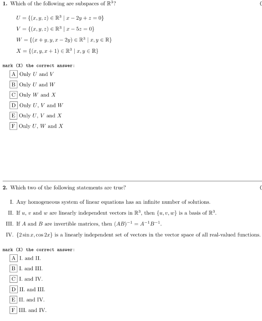 Solved 1. Which of the following are subspaces of R3? U = | Chegg.com