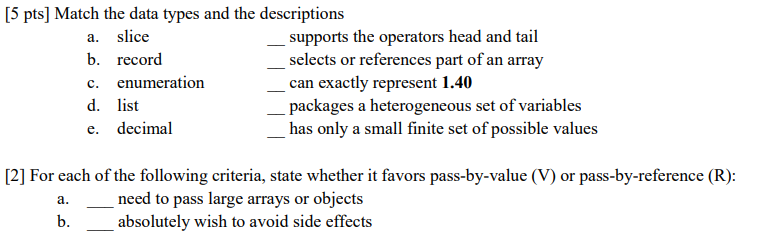 Solved [5 pts] Match the data types and the descriptions a. | Chegg.com