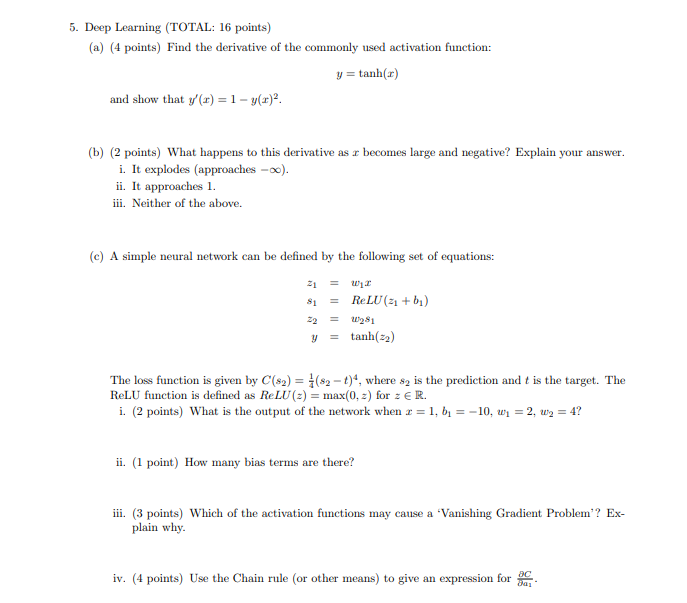Solved 5. Deep Learning (TOTAL: 16 points) (a) (4 points) | Chegg.com