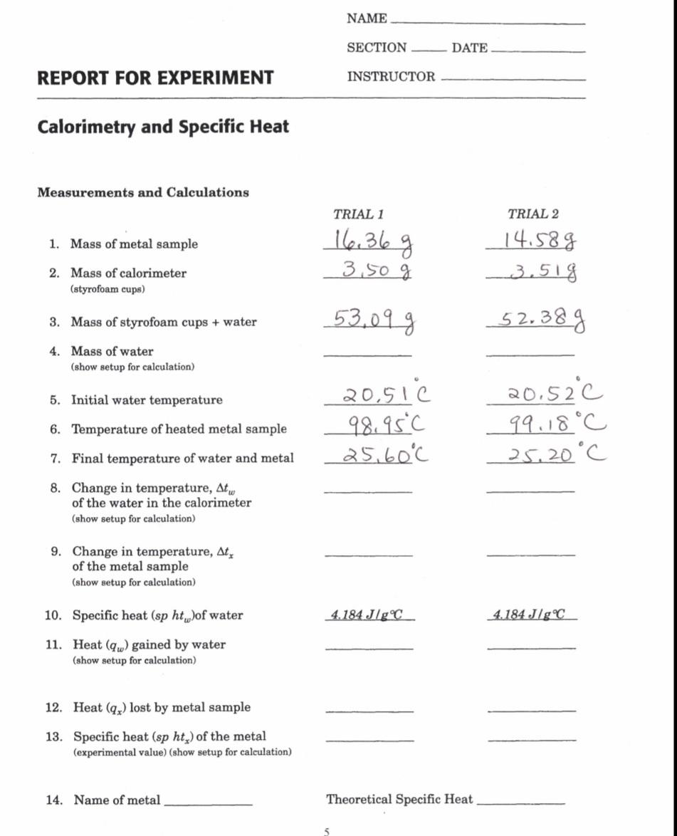 Solved NAME SECTION DATE REPORT FOR EXPERIMENT INSTRUCTOR | Chegg.com