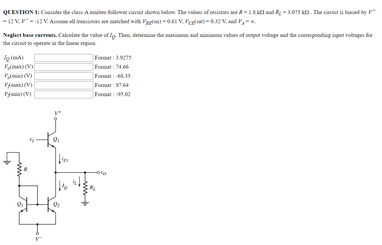 Solved QUESTION 1: Consider the class-A emitter-follower | Chegg.com