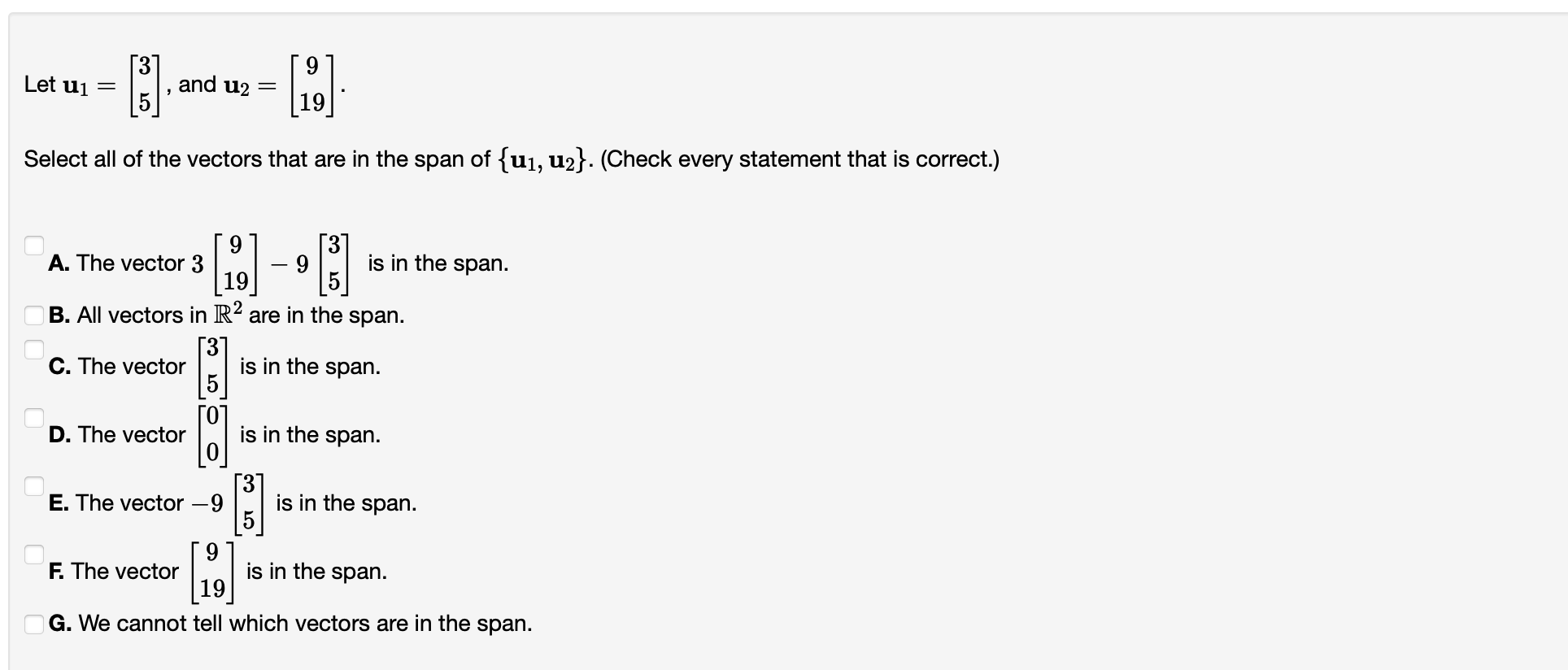 Solved et u1=[35], and u2=[919]. elect all of the vectors | Chegg.com