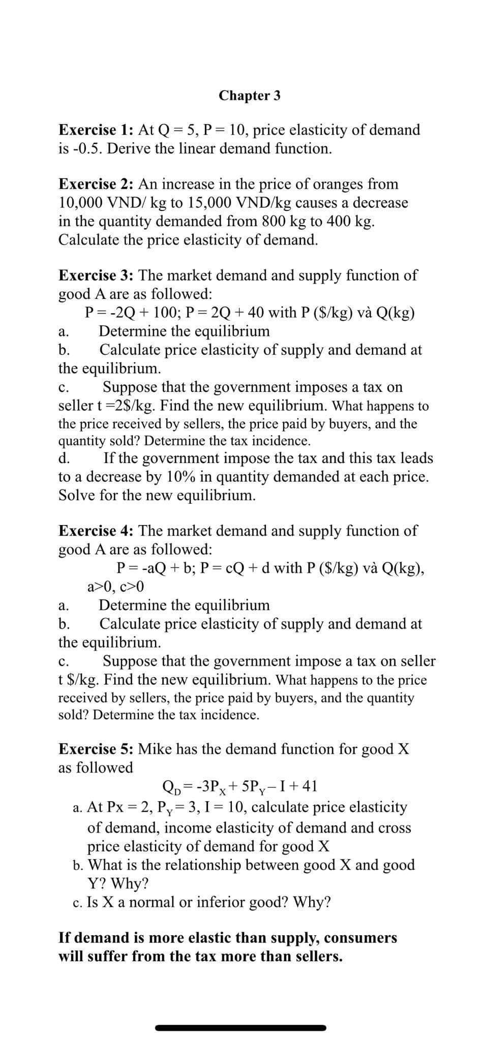 Solved Chapter 3 Exercise 1: At Q=5,P=10, price elasticity | Chegg.com