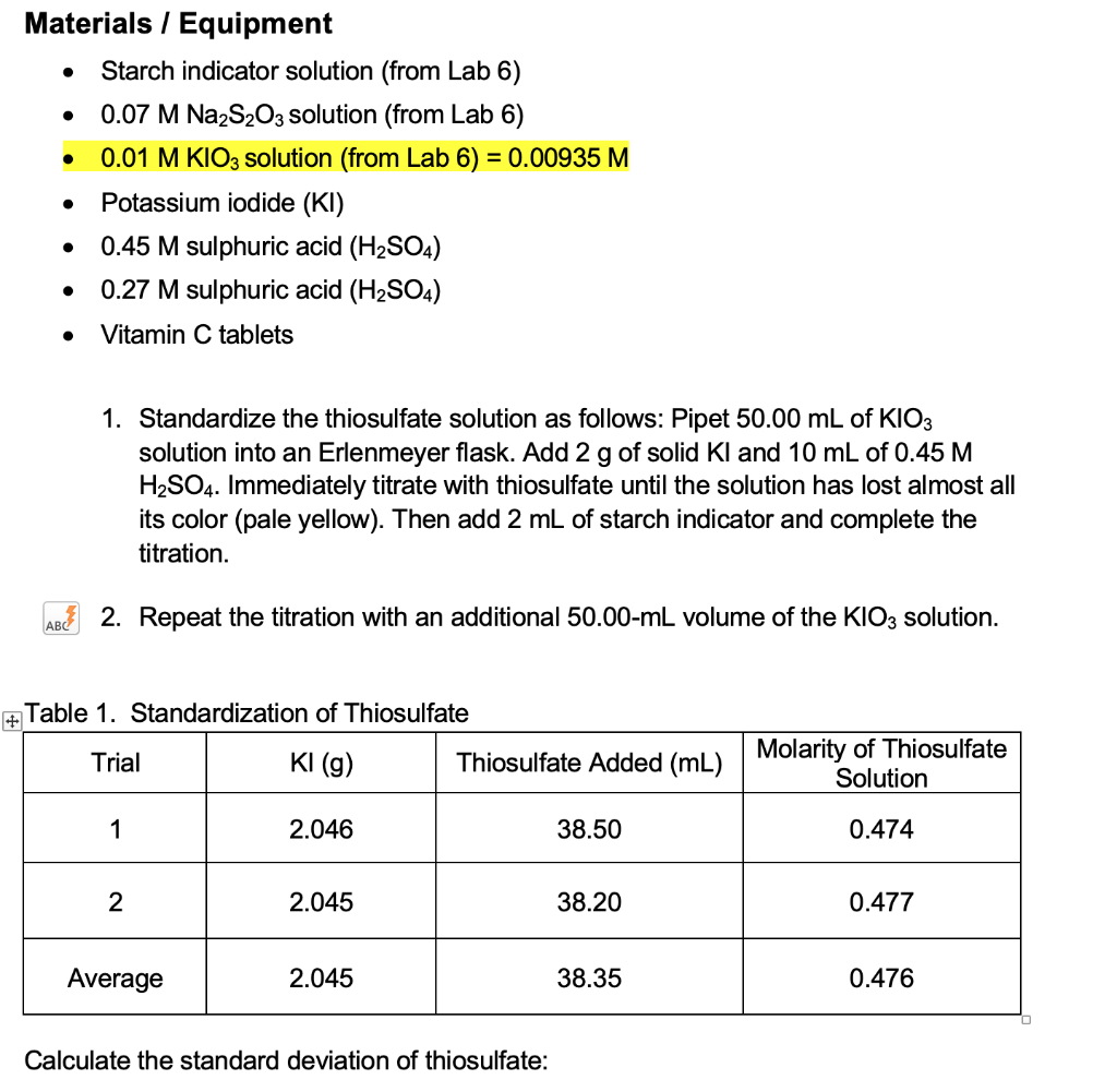 Materials / Equipment • Starch indicator solution | Chegg.com