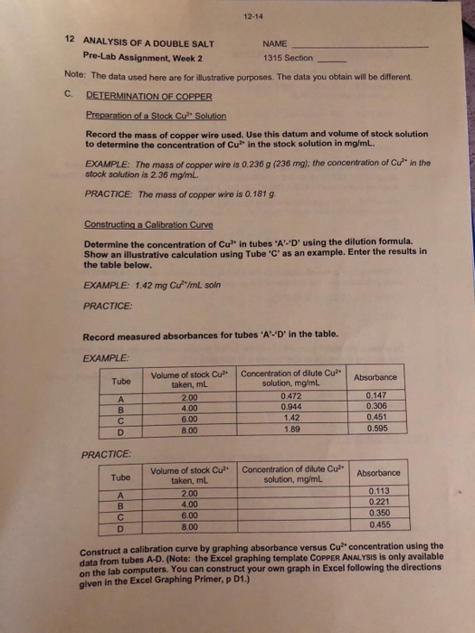 Solved 12-14 12 ANALYSIS OF A DOUBLE SALT Pre-Lab | Chegg.com