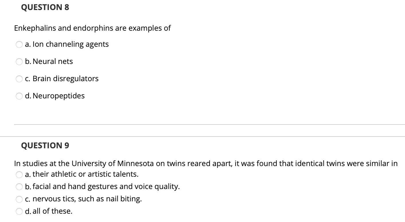 Solved QUESTION 8 Enkephalins and endorphins are examples of | Chegg.com
