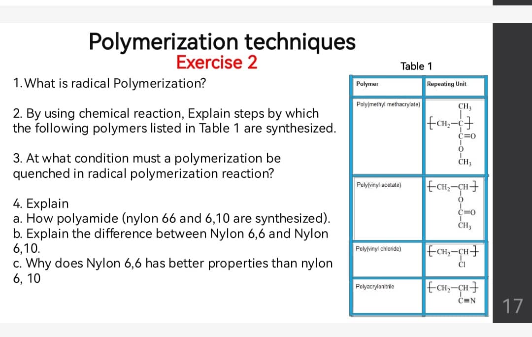 Solved Exercise 2 1. What is radical Polymerization? 2. By | Chegg.com