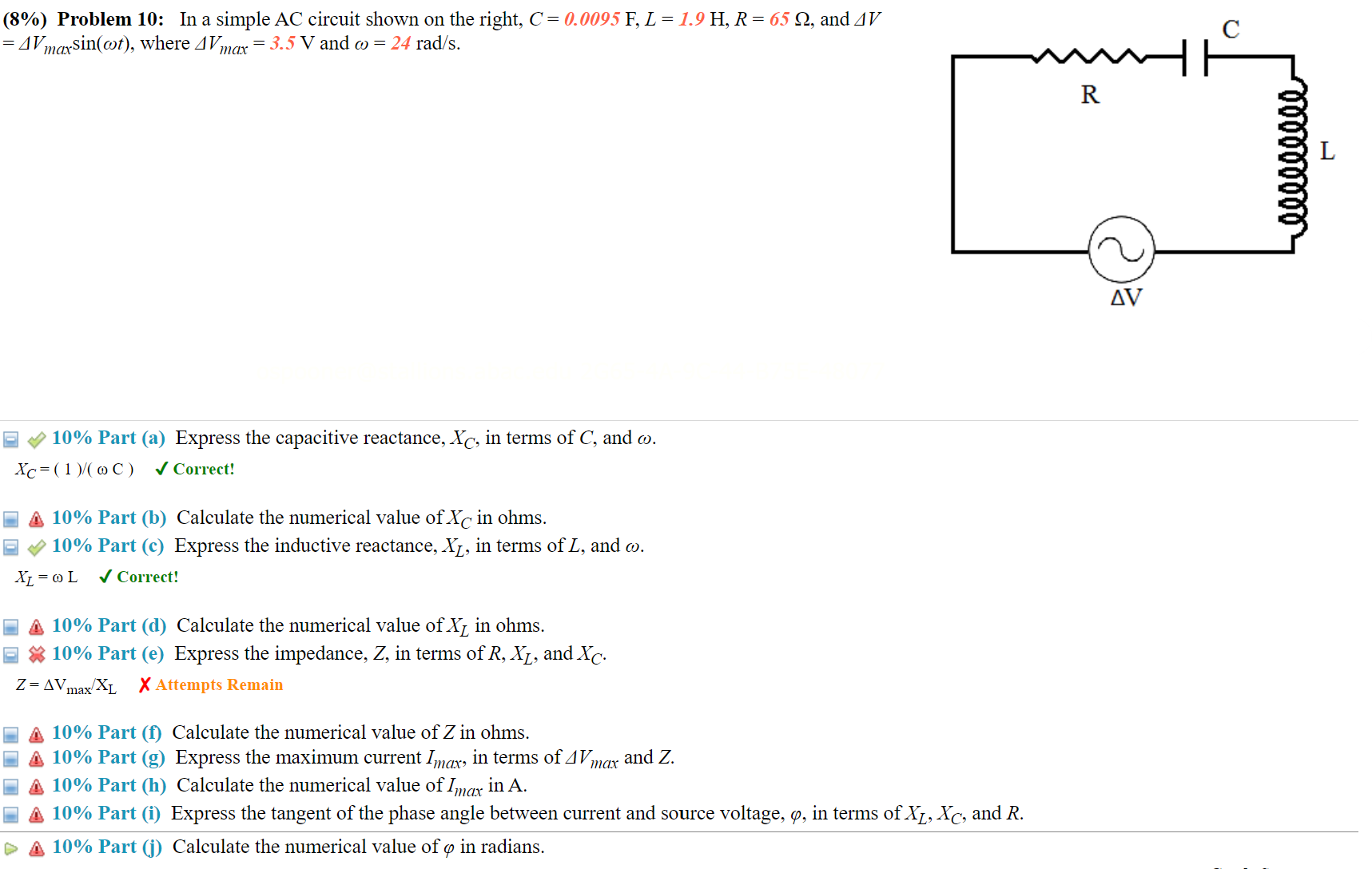 Solved (8\%) Problem 10: In a simple AC circuit shown on the | Chegg.com
