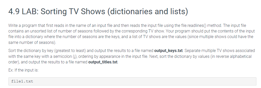 Solved 4.9 LAB: Sorting TV Shows (dictionaries and lists) | Chegg.com