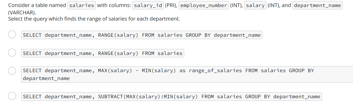 Solved Based on the following SQL table details, select the | Chegg.com