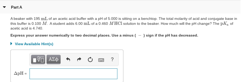 Solved Part A A beaker with 195 mL of an acetic acid buffer | Chegg.com