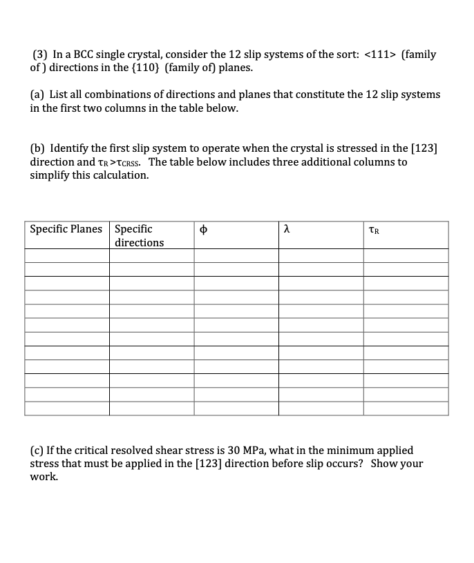 (3) In a BCC single crystal, consider the 12 slip | Chegg.com