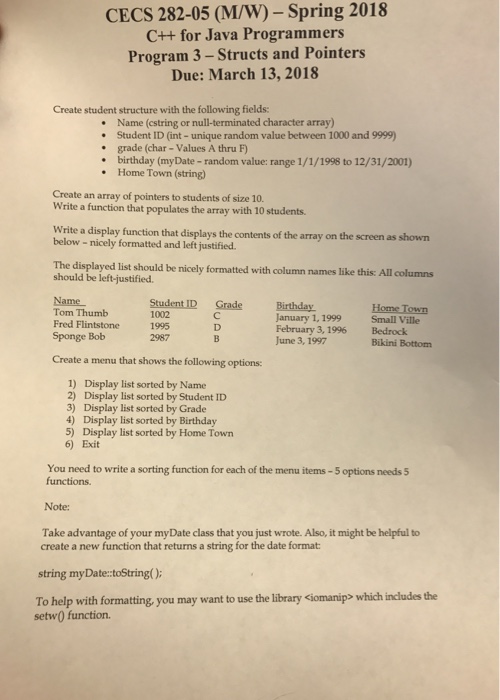 Solved Cecs 282 05 Mw Spring 2018 C For Java 