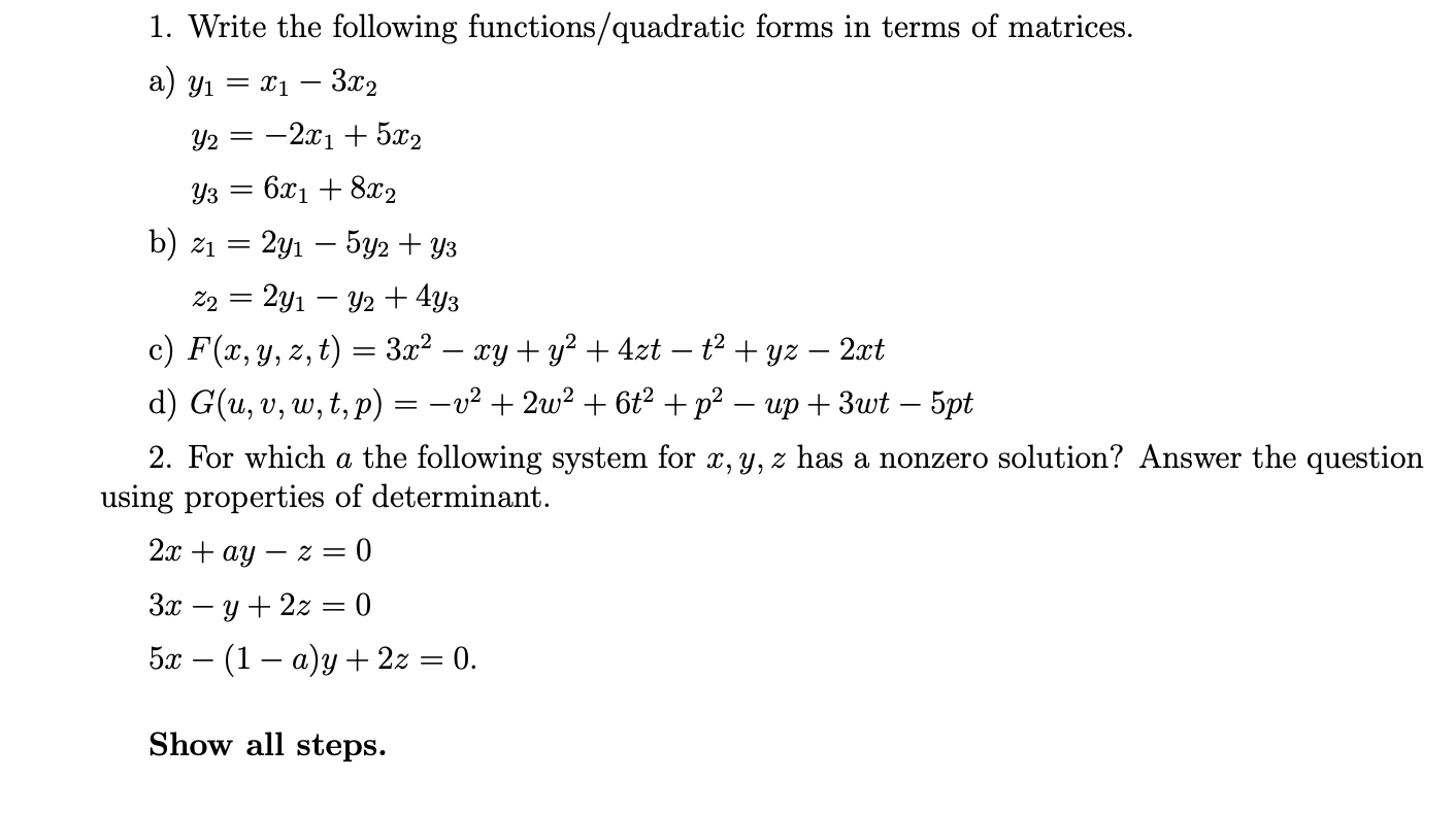 Solved 1. Write the following functions/quadratic forms in | Chegg.com