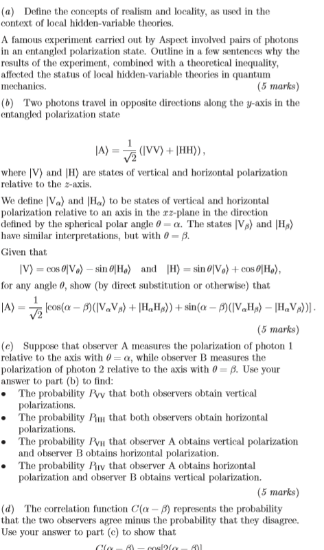 (a) Define the concepts of realism and locality, as | Chegg.com