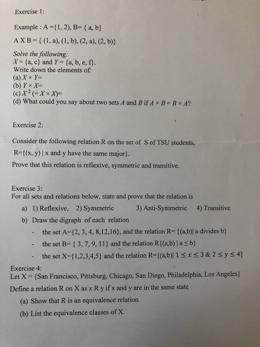 Solved Exercise 1: Example : A-{ 1, 2), B= { a, b} A X B = { | Chegg.com