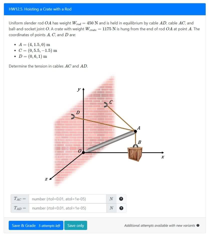 Solved Uniform slender rod OA has weight Wrod =450 N and is | Chegg.com