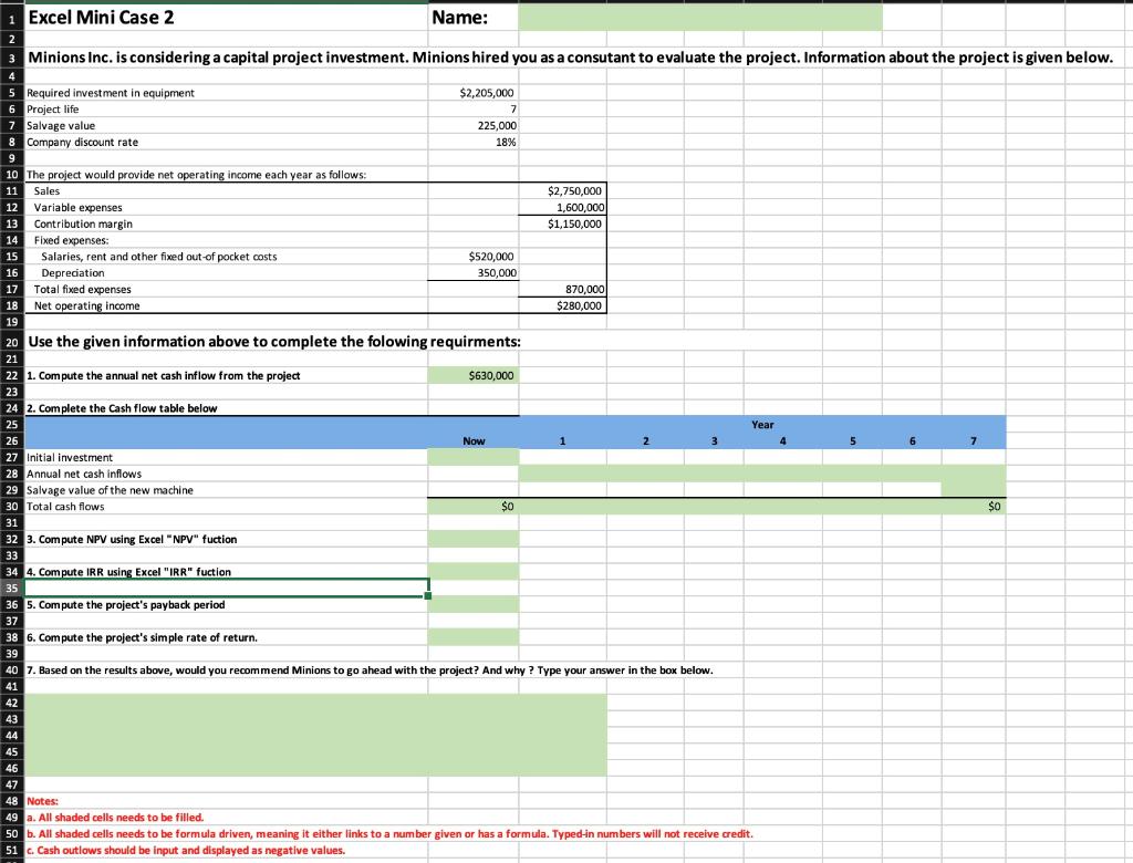 Excel Mini Case 2 Name: Minions Inc. is considering a | Chegg.com