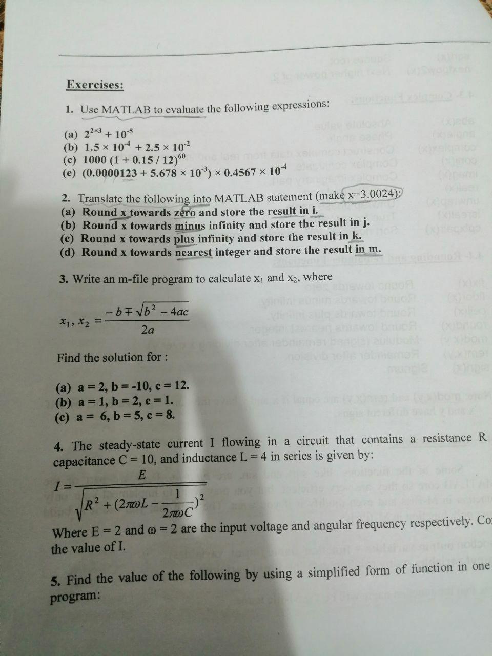 Solved Exercises: 1. Use MATLAB to evaluate the following | Chegg.com