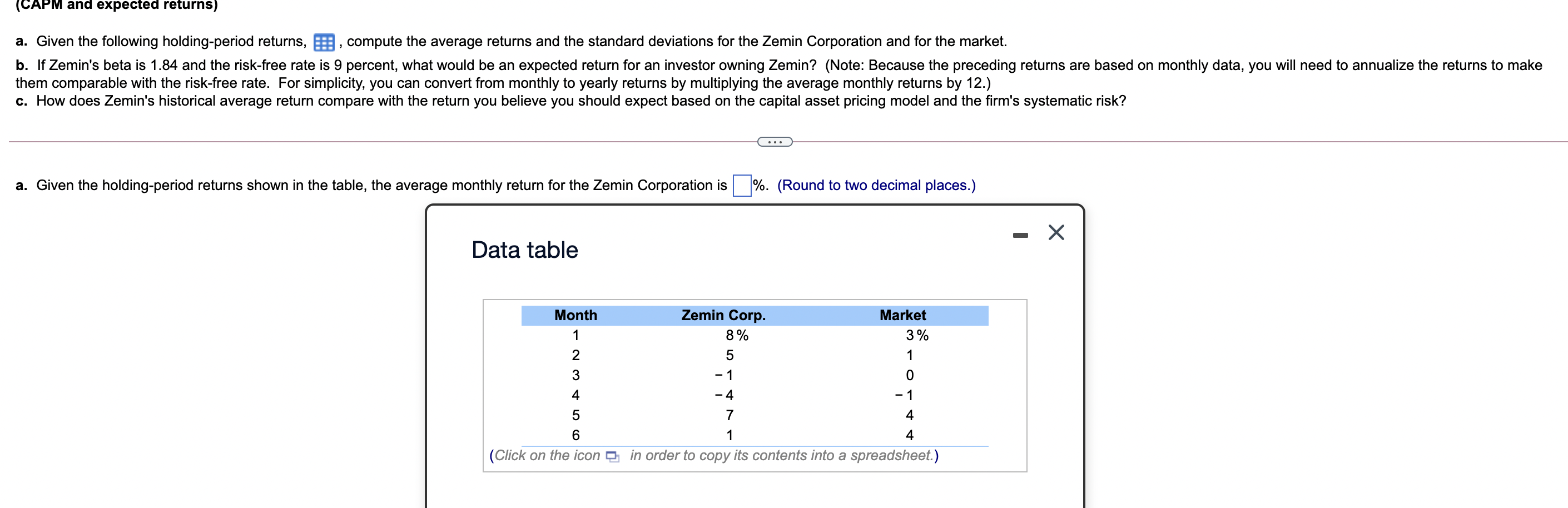 Solved (CAPM and expected returns) a. Given the following | Chegg.com