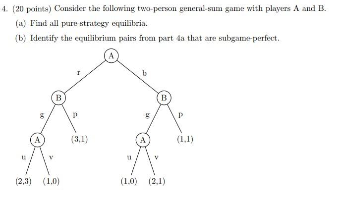 4. (20 points) Consider the following two-person | Chegg.com