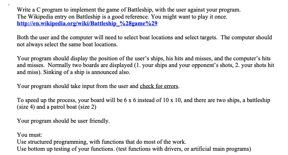 Solved Write C Program Implement Game Battleship User Program Wikipedia Entry Battleship