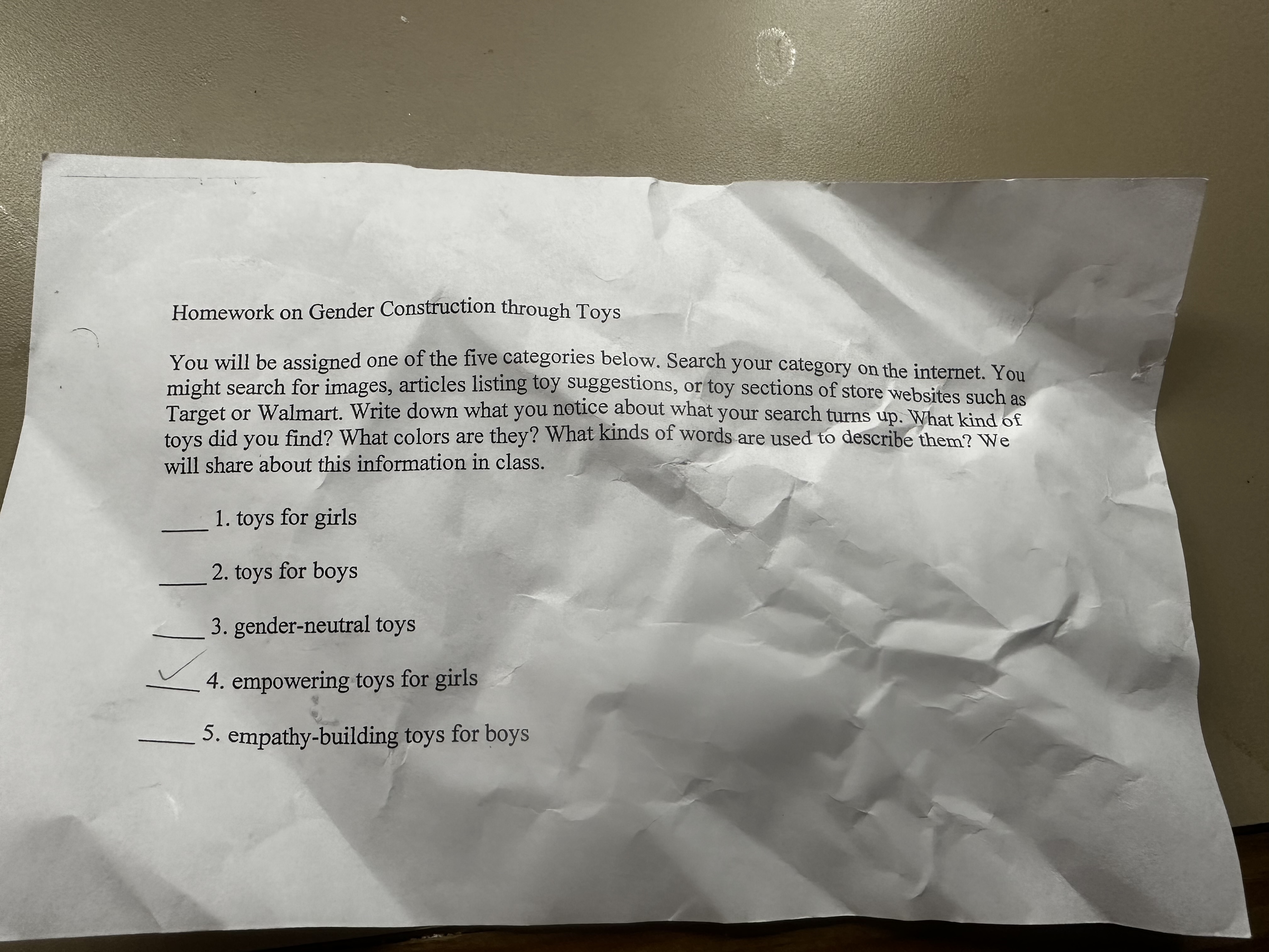 Solved Homework on Gender Construction through Toys You will | Chegg.com