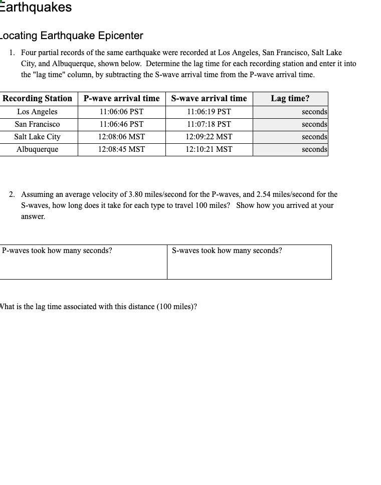 Solved Earthquakes Locating Earthquake Epicenter 1. Four | Chegg.com