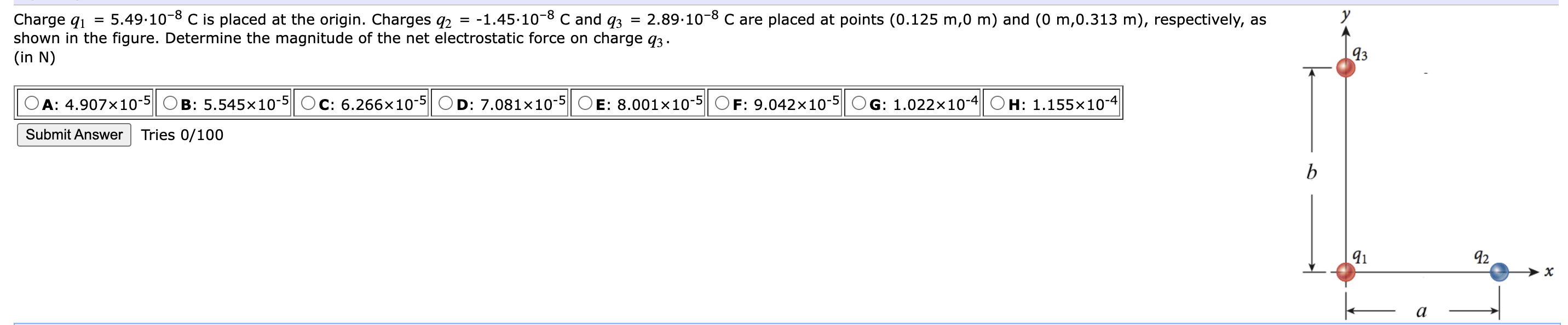 Solved Sharge q1=5.49⋅10−8C is placed at the origin. Charges | Chegg.com