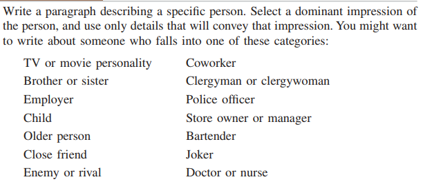 Write a paragraph describing a specific person. | Chegg.com