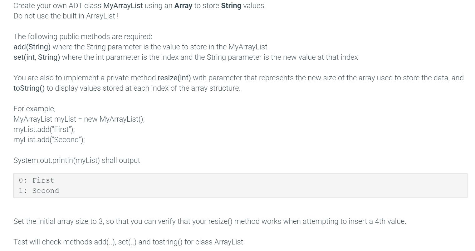 Create Your Own Adt Class Myarraylist Using An Array 9400